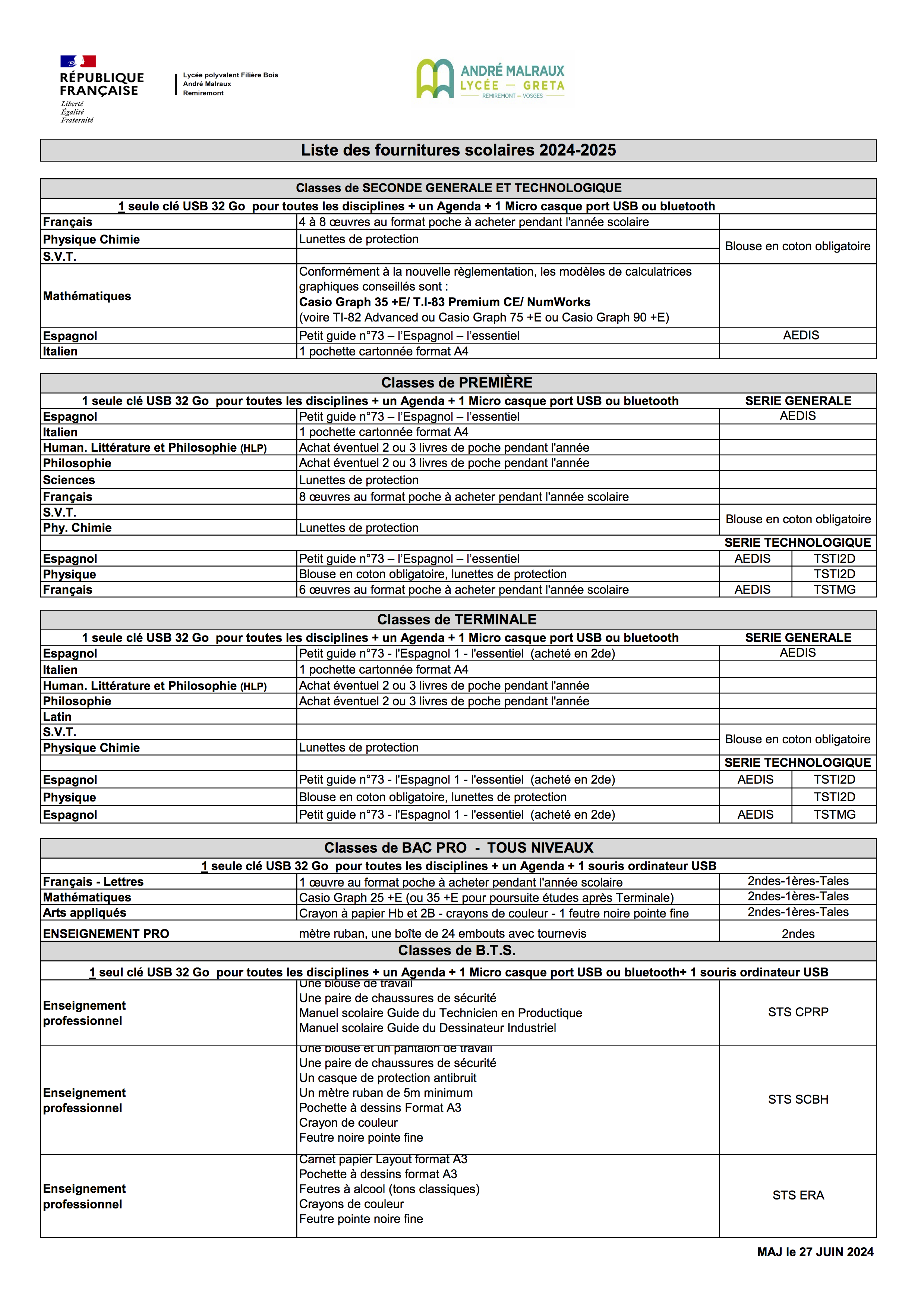 Liste fournitures scolaires 2024-2025 - Lycée André Malraux Remiremont