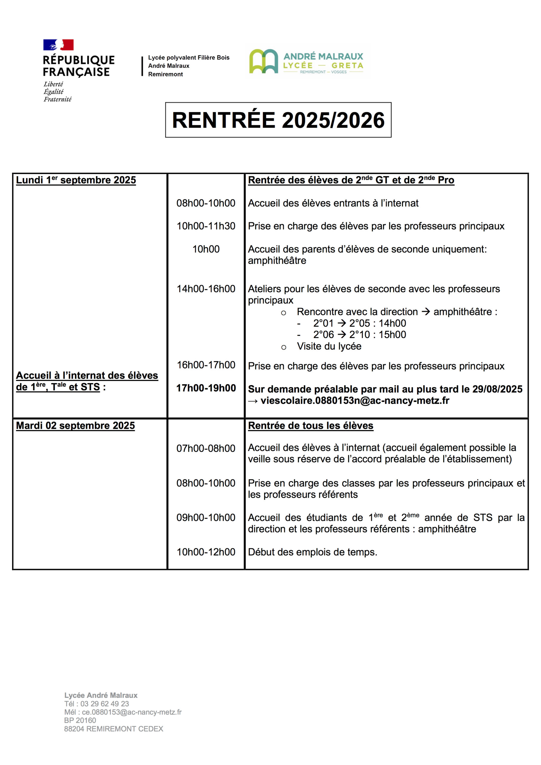 Organisation Rentrée 2025-2026 - Lycée André Malraux Remiremont